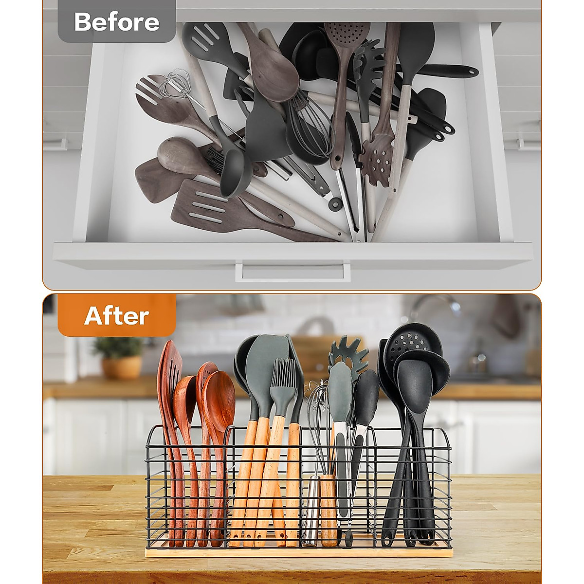 PrimZooty Extra Large Utensil Holder for Kitchen Counter - 15.7"x 6.7"x 4.4", Aesthetic Design, Anti-Slip Mat, 4 Compartments, Black Cooking Utensil Organizer for Countertop, Spatula Utensil Caddy