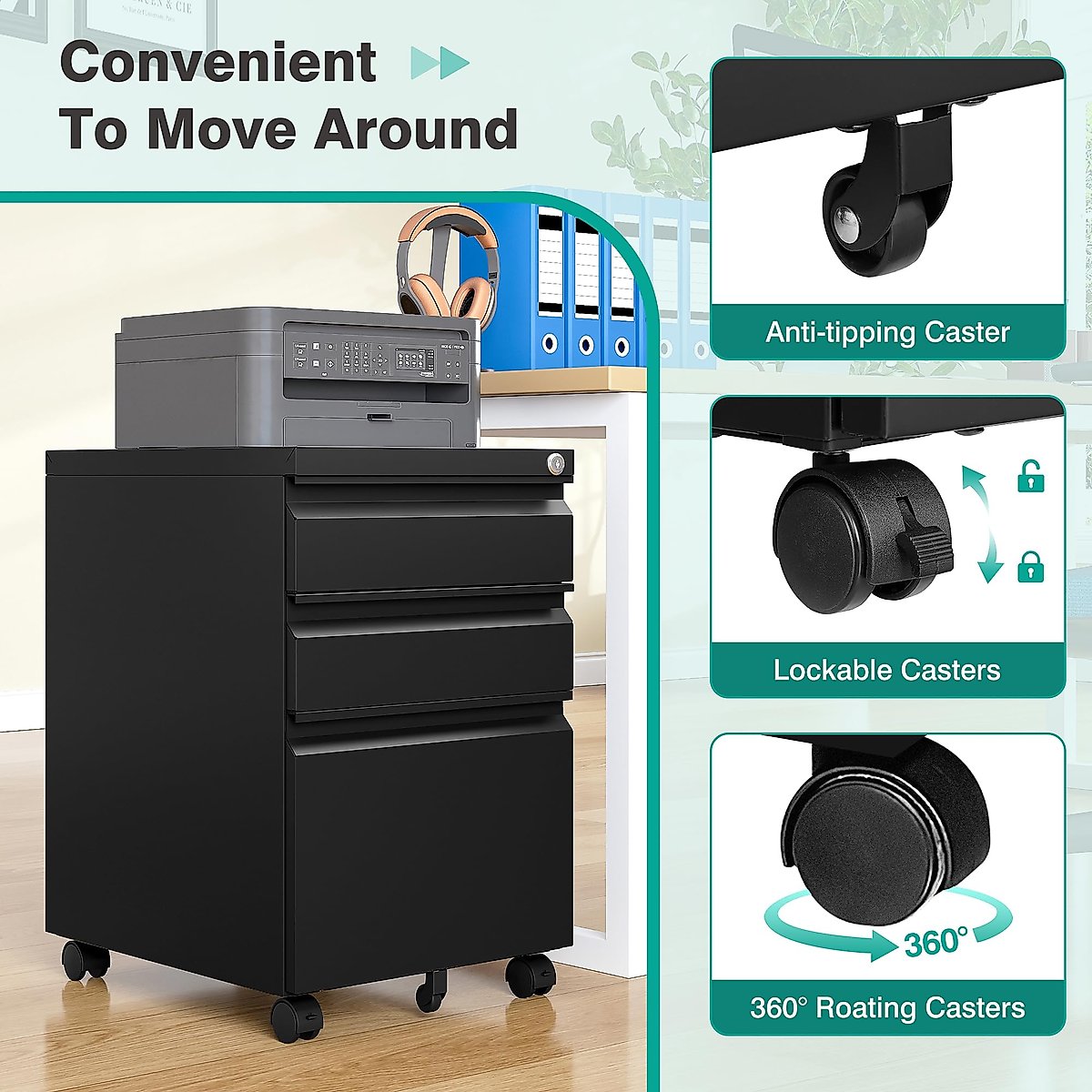 3 Drawer File Cabinet with Lock,Under Desk File Cabinet with Wheels,Black Rolling File Cabinet,Three Drawer Metal Filing Cabinet for Home Office,Fit A4/Letter/Legal File,Fully Assembled Except Casters