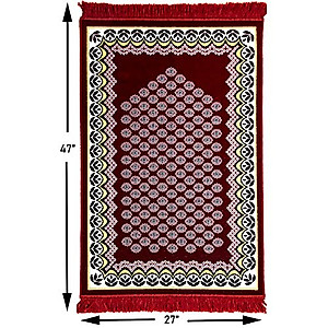 Modefa Prayer Rug Free Prayer Cap & Beads - Thin Velvet Namaz Sajadah Janamaz Floral Daisy Arch (Red)