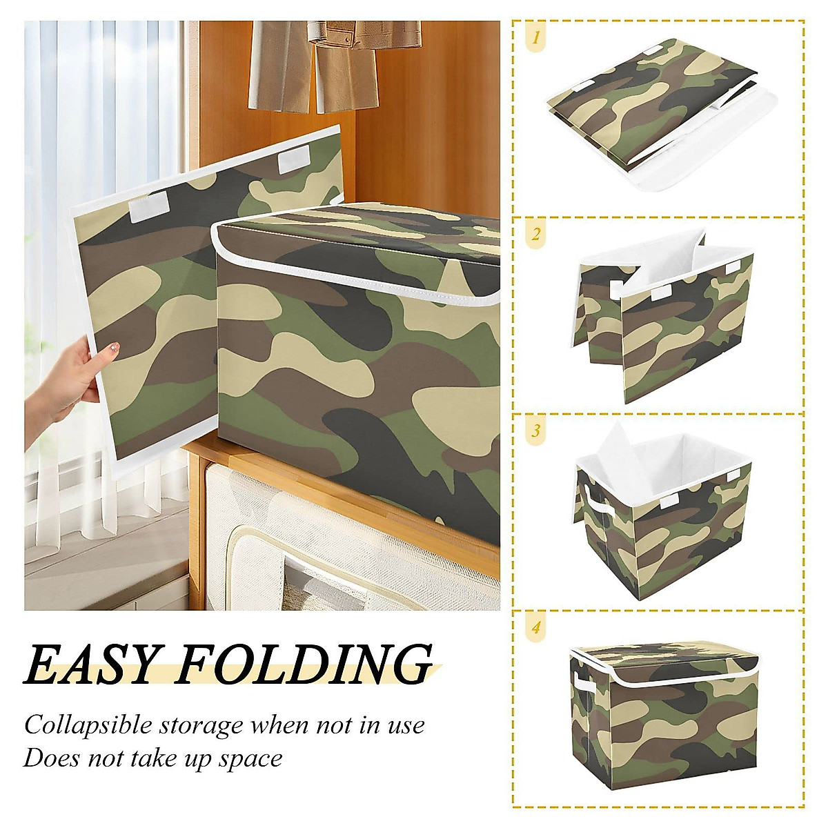 SUABO Military Camouflage Camo Storage Bin with Lid Large Oxford Cloth Storage Boxes Foldable Home Cube Baskets Closet Organizers for Nursery Bedroom Office