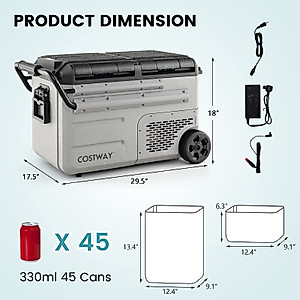 COSTWAY Car Refrigerator with Wheels, 40-Quart Dual-zone Single-temperature Electric Cooler, 12V/24V DC, 100-240V AC, -4°F To 50°F, Reversible Lids, Portable Car Freezer for RV Camping, Black