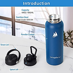 Waipfaru Insulated Water Bottle 40oz, Stainless Steel Water Bottles with Straw Lid, Metal Sports Water Bottle Keep Cold & Hot, Double Wall Vacuum Wide Mouth Sweat-proof for Sports Travel, Navy Blue