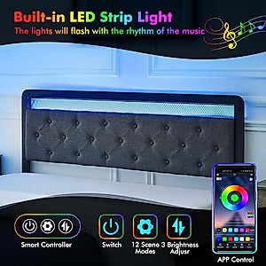 Queen Size Bed Frame with 2 Storage Drawers, Button Tufted Headboard and LED Lights, Upholstered Platform Bed with Storage, Heavy Duty Metal Slats, No Box Spring Needed, Noise Free, Easy Assembly