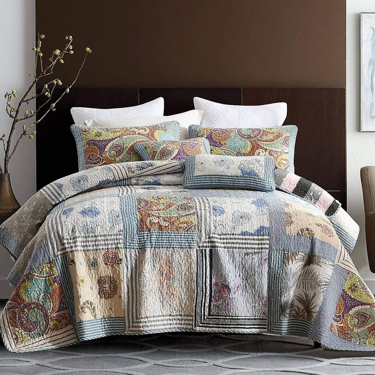 NEWLAKE Bedspread Quilt Set with Real Stitched Embroidery, Floral Paisley Grid Pattern,Queen Size