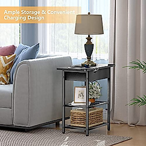 Mr IRONSTONE End Table with Charging Station, Flip Top, 2 Power Outlets & 2 USB Ports, Storage Shelf, Narrow Nightstand, Small Side Table for Living Room, Bedroom, Black