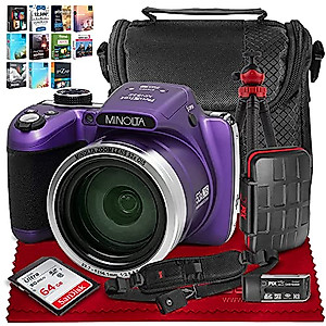 Minolta Pro Shot 16 MegaPixel HD Digital Camera (MN53Z) Purple w/ 53x Optical Zoom, Full 1080p HD Video + 16GB SD Card, plus Deluxe Bundle w/64GB Ultra Memory Card, Padded Carrying Case and more