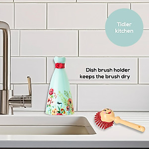 Vigar Dolls Dish Brush with Ergonomic Handle and Dres-Shaped Storage Holder - Scrub Brush for Pans, Pots, Kitchen Sink Cleaning, Blue/Pink