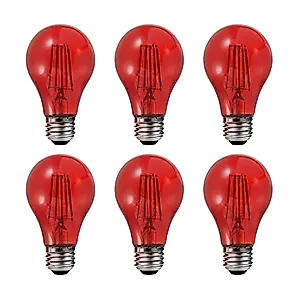 Sylvania LED Red Glass Filament A19 Light Bulb, Efficient 4.5W, 40W Equivalent, Dimmable, E26 Medium Base - 6 Pack (41740)