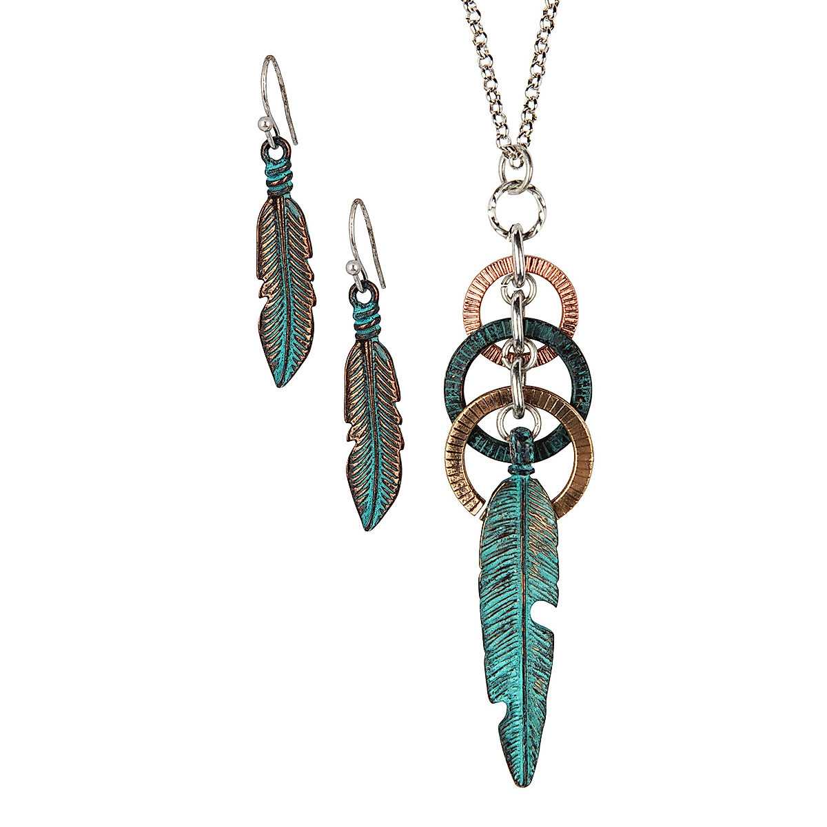 SPUNKYsoul Feather Circle Long Necklace for Women Collection (3 Toned Patina Copper)