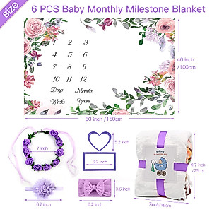 SPOKKI 6 PCS Baby Monthly Milestone Blanket Girl, 60''x40''Fleece Monthly Blanket Newborn with Headband for Photography Background Prop and Mom Nursery Shower Gift (Pink)