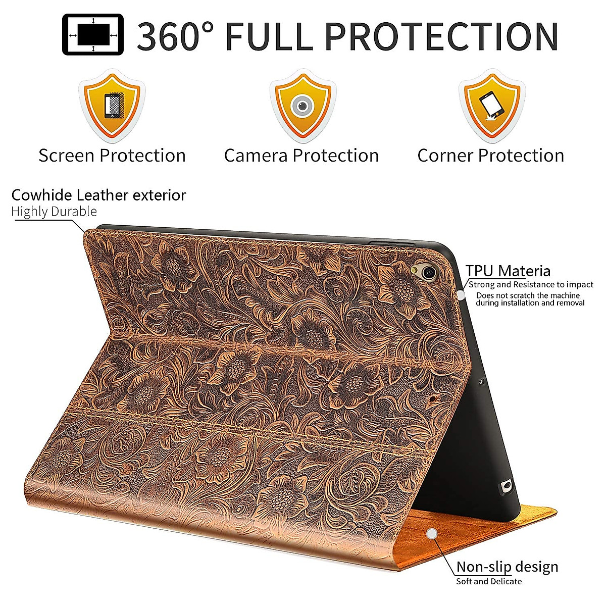 Gexmil Leather Case for iPad Air 11 Inch M2 2024,Genuine Leather Folio Cover for iPad Air5/ Air4 10.9 inch 2022/2020 with Pencil Holder, Auto Sleep/Wake,Shockproof,Pattern-Brown
