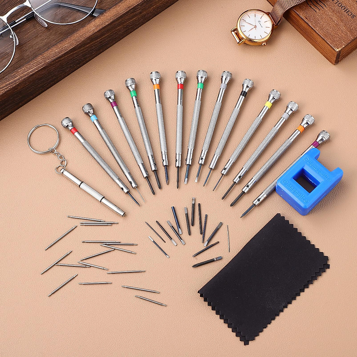 UKCOCO 13pcs Micro Precision Watch Screwdriver Set, with 13pcs Extra Replace Blades and 16pcs Steel Spring Bar Pins Repair Link Tool for Glasses Jewelry Electronics