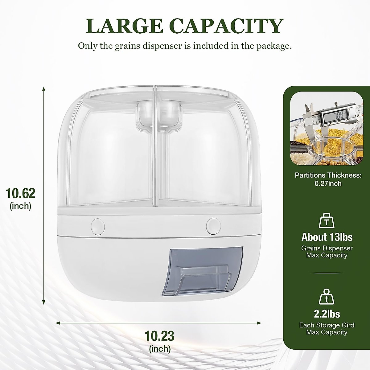 InnaMall Grains Storage Dispenser, 6 Grids Beans Container Storage with Sealed lid 13LBS Grain Container Distribution Bucket 360° Rotating Round Food Dispenser One-Click Output Rice Storage