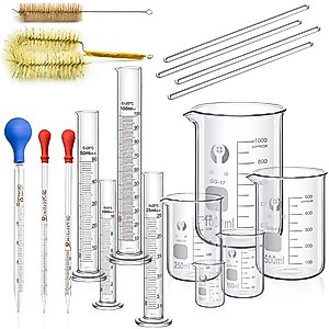 ZEEROQOLAB Lab Glassware Set, Beaker Glass Cylinder Pipettes Set, 5pcs Thick Glass Graduated Beaker, 4pcs Glass Measuring Cylinder with 4pcs Glass Stirring Rod and 2pcs Cleaning Brush