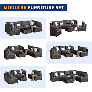 VONZOY Patio Furniture Set, 7-Piece Outdoor Sectional with Waterproof Cover, All-Weather Wicker Patio Conversation Sets for Backyard (Brown with Grey Cushion)