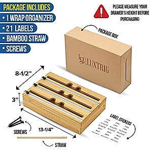 3 in 1 Plastic Wrap Dispenser with Cutter & Labels, Plastic Wrap, Wax Paper & Aluminum Foil Dispenser for Kitchen Storage Organization, Natural Bamboo Roll Organizer Holder for Kitchen Drawer