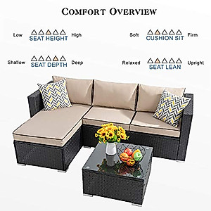 Shintenchi Outdoor Wicker Patio Sofa Set, Black All-Weather Rattan Small Sectional Patio Set and Chaise Lounge w/ Glass Table and Washable Couch Cushions Patio Conversation Set (3 Piece,Brown/Black)