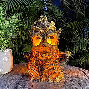 Solar Lights Outdoor Garden Statues Tiki Decor Stump on Fire Halloween Figurine Lights Large Solar Flickering Flame Light Waterproof Suitable for Table Yard Garden Patio Pathway Holiday Decor