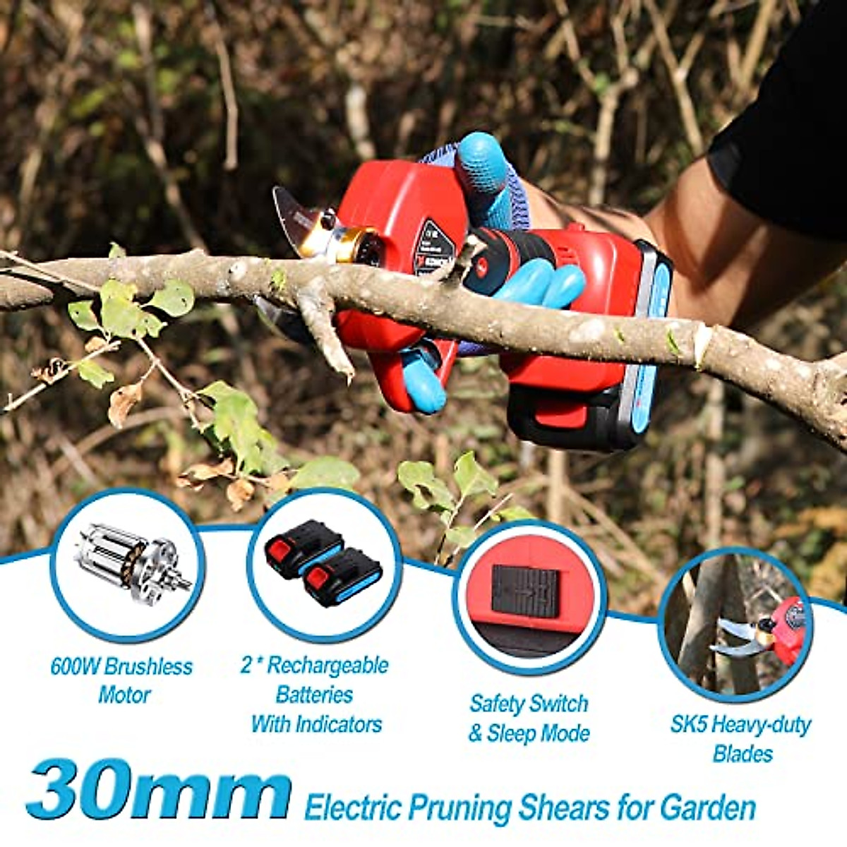 KOMOK Electric Pruning Shears, Professional Cordless Pruning Shears with 2PCS Backup Rechargeable 2Ah Battery Powered Tree Branches Pruner, 30mm 1.2" Cutting Diameter, 6-8 Working Hours