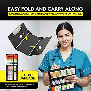 Nursing Clipboard with Nursing and Medical Edition Cheat Sheets 3 Layers Aluminum Foldable Nurse Clip Boards Notepad for Students, Nurses and Doctors (Black)
