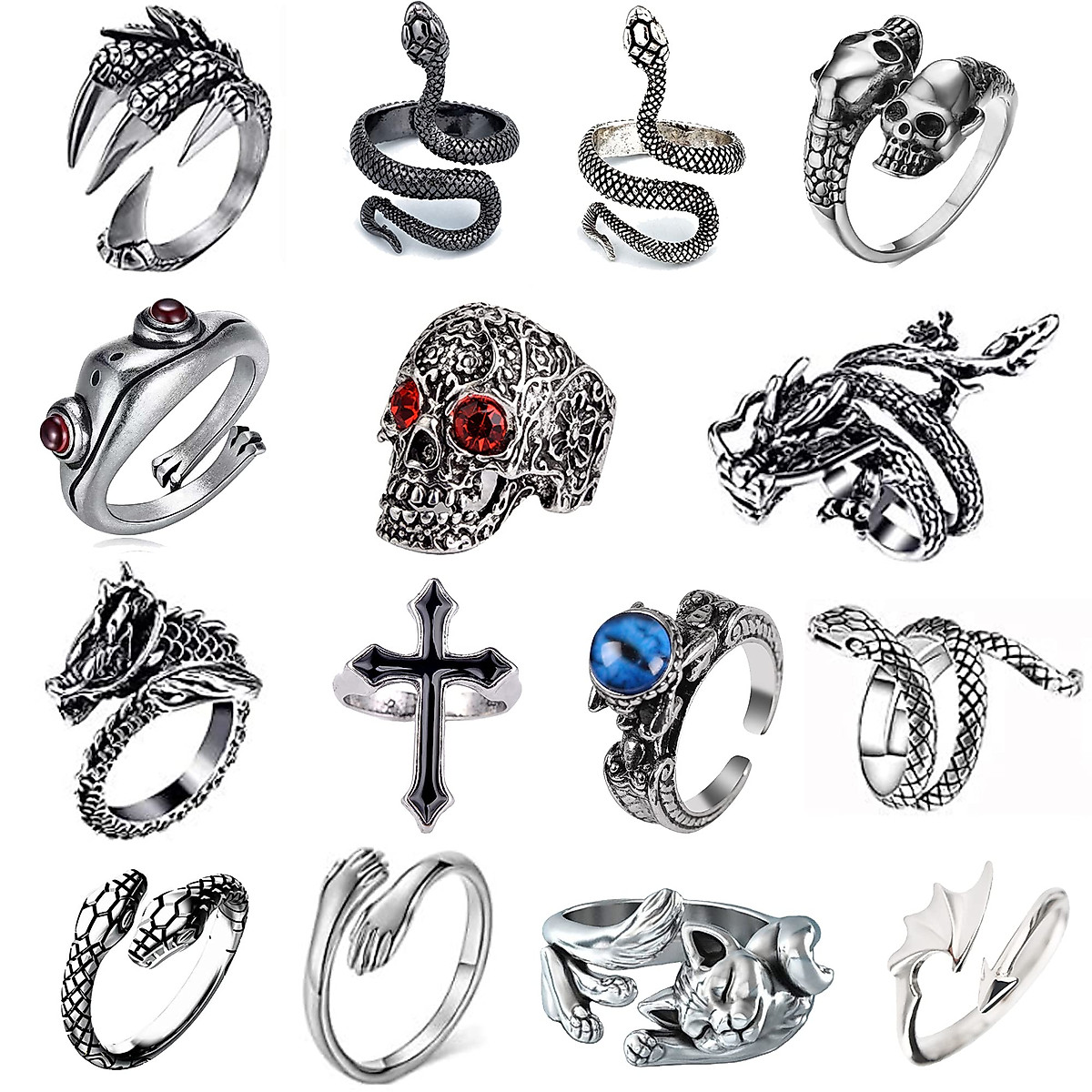 LAKIYOYO 15Pcs Vintage Punk Rings for Men Adjustable Snake Ring Dragon Rings Gothic Knuckle Stacking Finger Rings Jewelry Set