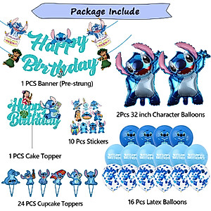 Blue Party Decorations- Cartoon Theme Party Supplies with Banner, Cake Cupcake Toppers, Balloons, Hanging Swirls for Boys Girls Kids Happy Birthday Party Decorations