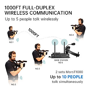 Hollyland Mars T1000 [Official] Full Duplex Wireless intercom System for 5 Users-1 Base Station & 4 Wireless beltpacks with Dynamic Ear Headset & Microphone for Church, Drone, Events, Broadcast.