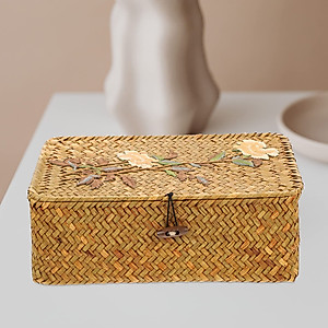 Zerodeko Seagrass Rattan Storage Basket Weaving Storage Box Wicker Basket Embroidery Pattern Storage Box Rectangular Makeup Organizer Container with Lid Shelf Baskets M