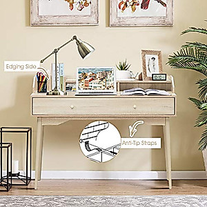 Tangkula Mid Century Desk with Storage Drawer, Writing Study Computer Desk with Hutch, Wooden Study Table PC Workstation, Home Office Desk Kid’s Desk for Bedroom (Natural)