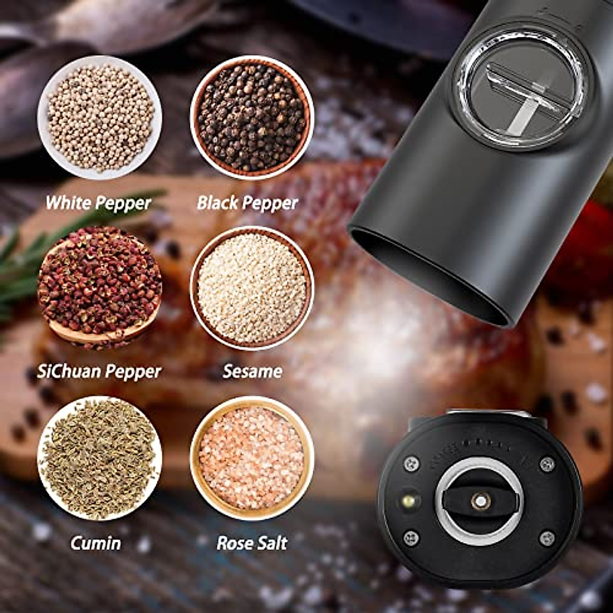 KIEKRO Electric Salt and Pepper Grinder Set, Battery Operated Salt and Pepper Grinder (without Battery), Kitchen Gadget with White Led Light, Adjustable Coarseness, One-hand One-button Start, Black
