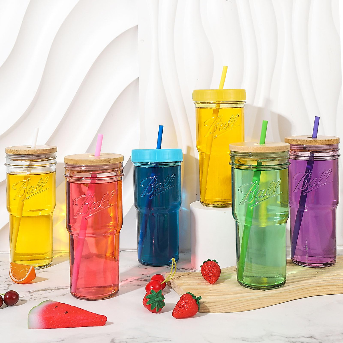 XLSXEXCL 6 Pack Mason Jar Cups with Lids and Straws, 24 OZ Reusable Ice Coffee Cups Mason Drinking Glasses Tumbler Cups Set for Boba Tea, Smoothies, Cold Brew, Beer
