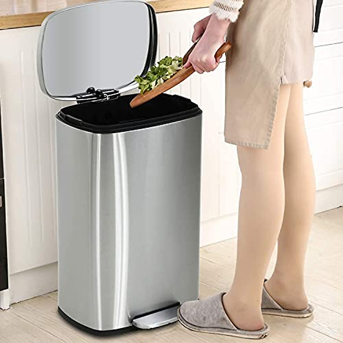 Kitchen Trash Waste Bin 13 Gallon Brushed Stainless Steel Garbage Can with Soft Slow Lid Pedal Trash Can High Capacity 50 Liter Removable Plastic Inner Bucket Large Trash Can for Home Office