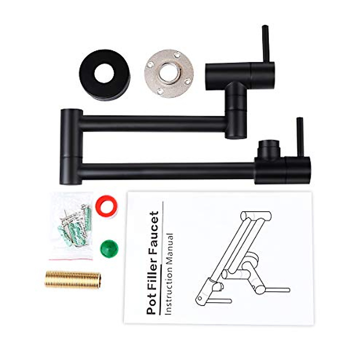 KWODE Matte Black Pot Filler Faucet Wall Mount Commercial Kitchen Sink Faucet Double Joints Folding Stretchable Swing Arm with Single Hole 2 Handles Brass