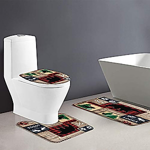 MNSC 3 Piece Bath Rugs Set,Bear Rustic Moose Buffalo Plaid Forest Animal Lodge Cabin Vintage Wooden Country Toilet Sets Non Slip Bath Mat, Water Absorbent U-Shaped Contour Toilet Mat, Toilet Lid Cover