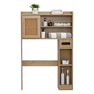 SUNTAGE 6Tier Over The Toilet Storage Cabinet, Freestanding above Toilet Space Saver Rack w/Adjustable Shelves, Sliding Door, Multifunctional Over Toilet Organizer for Bathroom (Burlywood)