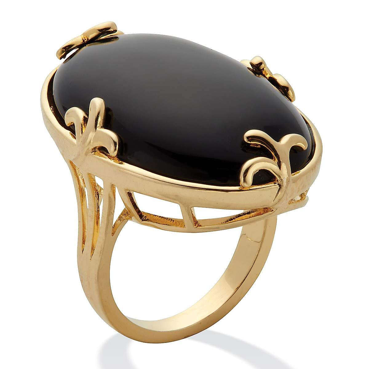 PalmBeach Jewelry 18k Yellow Gold Plated Oval Shaped Genuine Black Agate Green Jade or Rose Quartz Ring Size 8