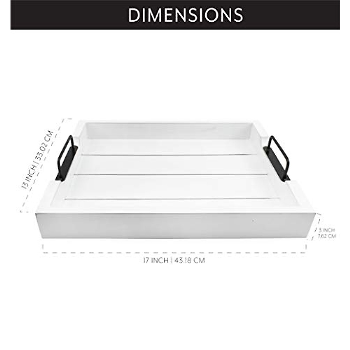 AuldHome Rustic Wood Serving Tray; White Wooden Farmhouse Shiplap Decorative Ottoman Tray with Black Metal Handles, 17 x 13 Inches