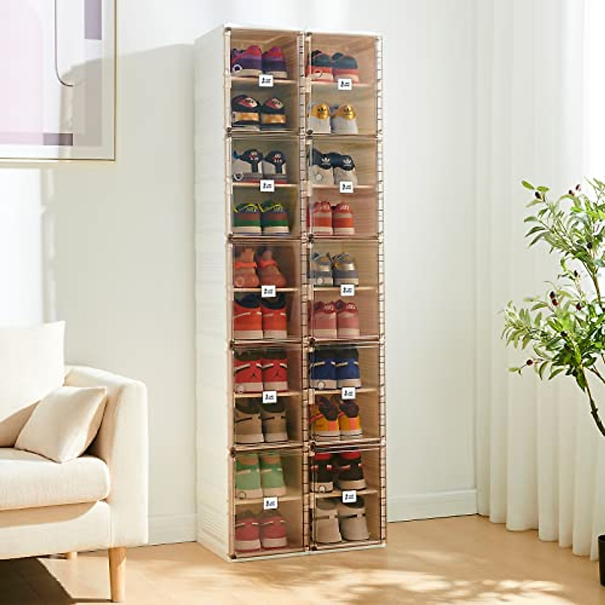 MAYIBOX Shoe Cabinet 2-20 Grid Stackable Transparent Folding Shoe Box Plastic Storage Box Storage 2-40 Pairs of Shoes (2 Rows 20 grids)