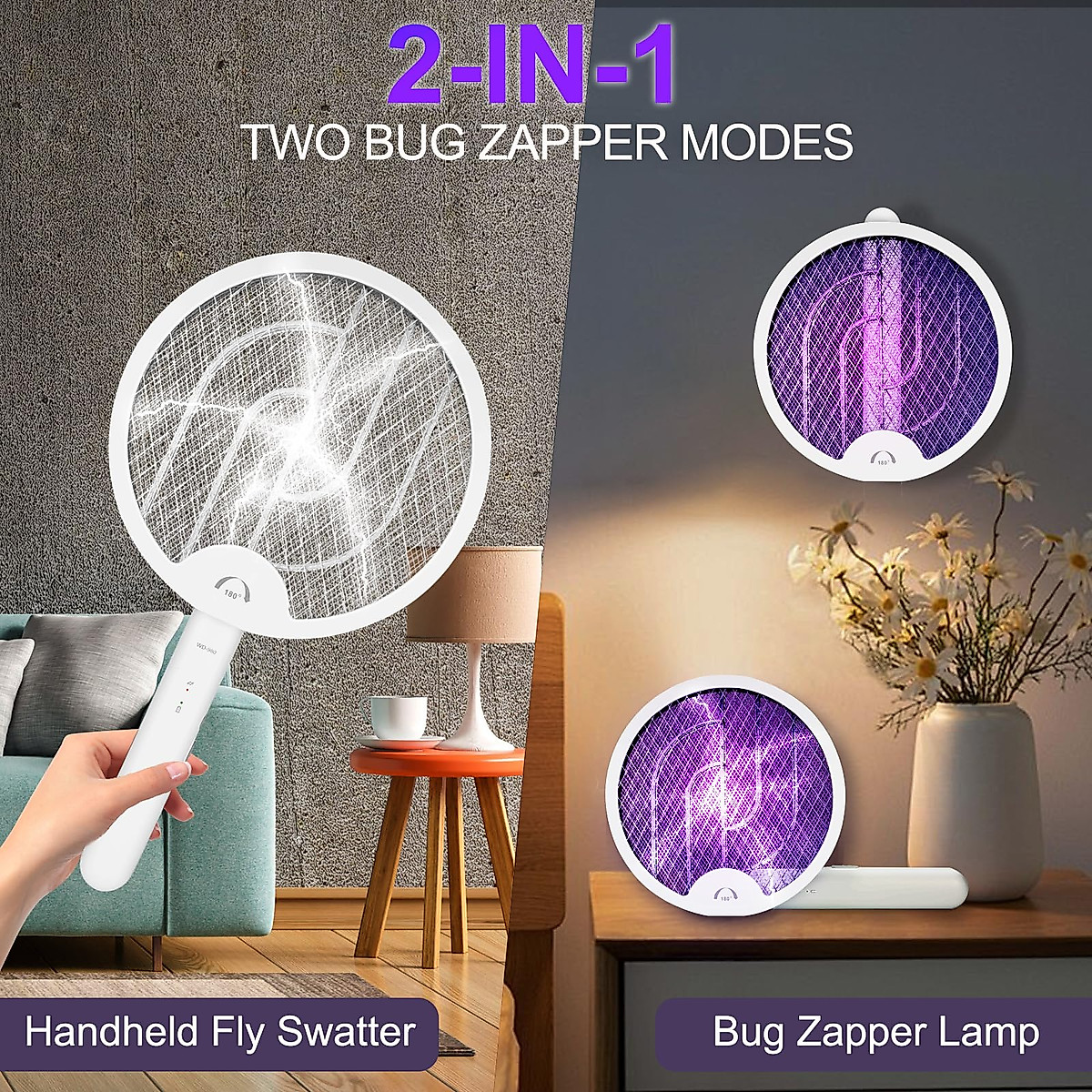Foldable Electric Fly Swatter Racket, Portable 2 in 1 Bug Zapper Racket, Fly Killer and Mosquito Trap Lamp, USB Rechargeable with 1200mAh Battery for Indoor and Outdoor Home Backyard Patio Camping