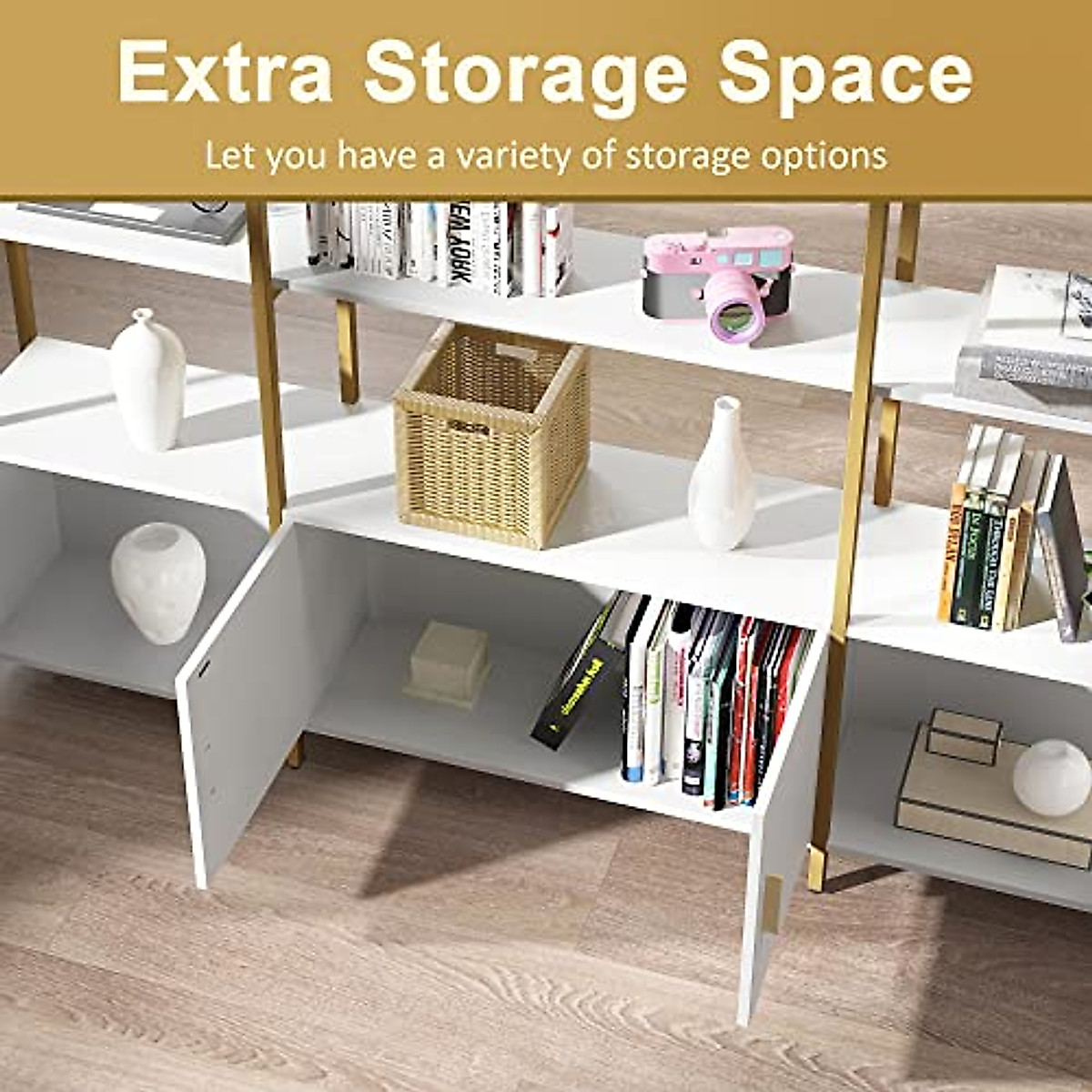 Semoic Triple Wide 5-Tier Gold Bookshelf, 70.87" L x 86.61" H Extra Bookcase with Storage Cabinet, Modern Etagere Bookcase Tall Open Display Shelf for Home Office, Gold&White