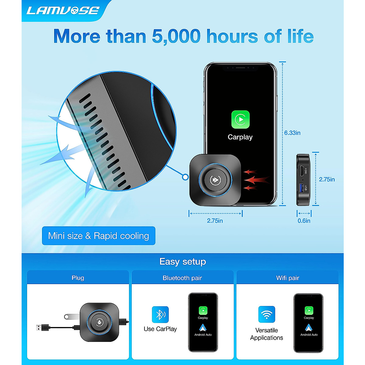 CarPlay Wireless Adapter, CarPlay Box Supports NetfIix/YouTube/Tiktok/Disney+/Hulu, Apple CarPlay/Android Auto Wireless Adapter 2024 Newest, Ai Box for Factory Wired CarPlay Cars from 2015