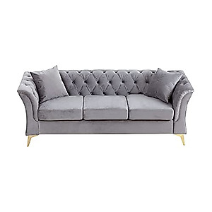 kevinplus 84'' Chesterfield Sofa Couch for Living Room, Modern Velvet 3-Seat Upholstered Sofa Couch for Apartment Bedroom Dorm Office, Strong Gold Metal Legs, 2 Pillows, Grey