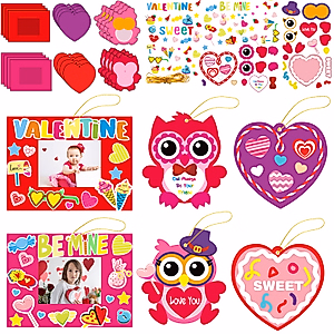 24 Packs Valentine’s Day Craft Kits for Kids Valentine’s Heart Owl Picture Frame DIY Art Craft Valentine’s Day Party Decoration Favor Home Classroom Game Activities