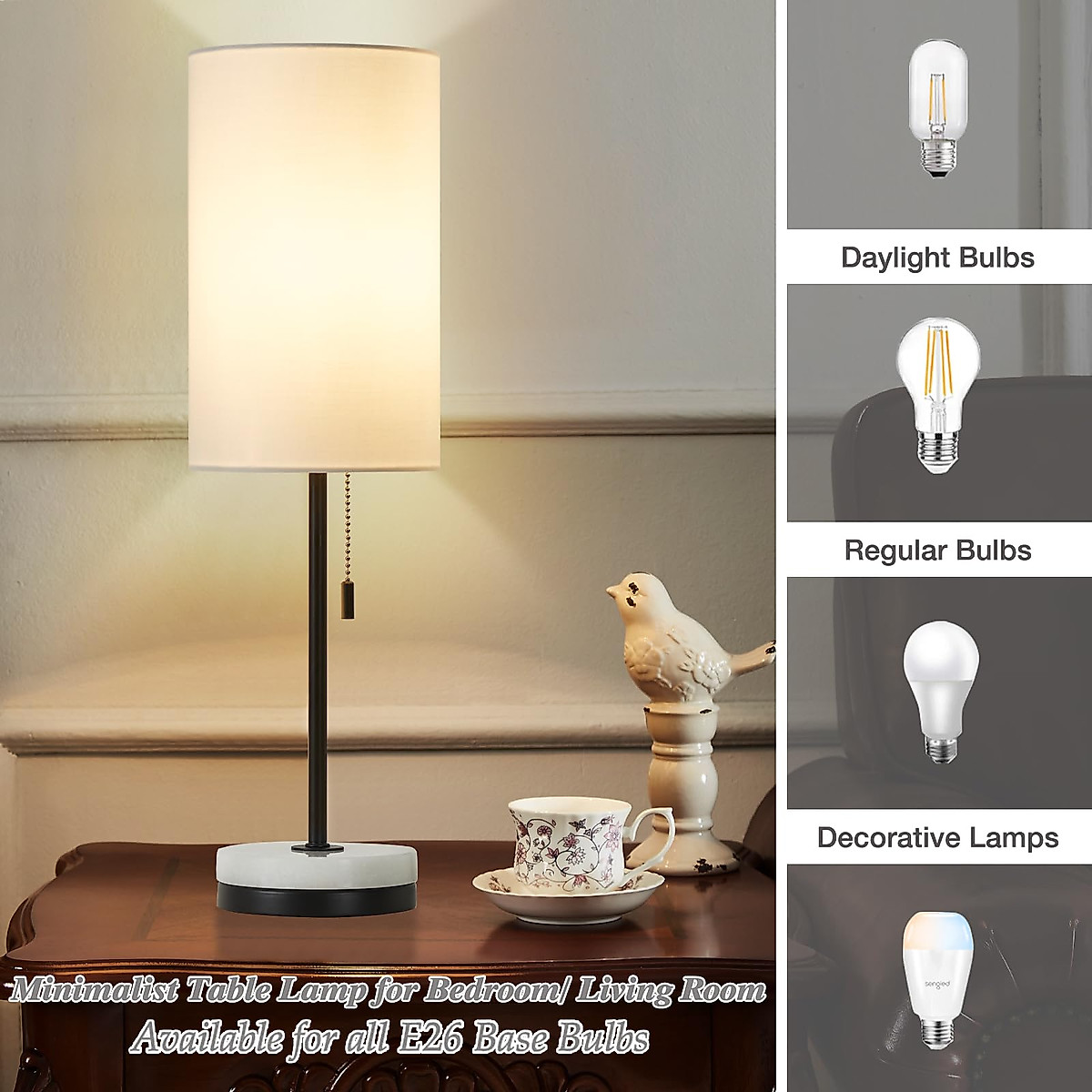 Luvkczc Minimalist Table Lamp Set of 2, Nightstand Lamp for Bedroom Living Room, Modern Pull Chain Bedside Lamp with Marble Base, Fabric Shade, Small Desk Lamp for Home, Office, Reading