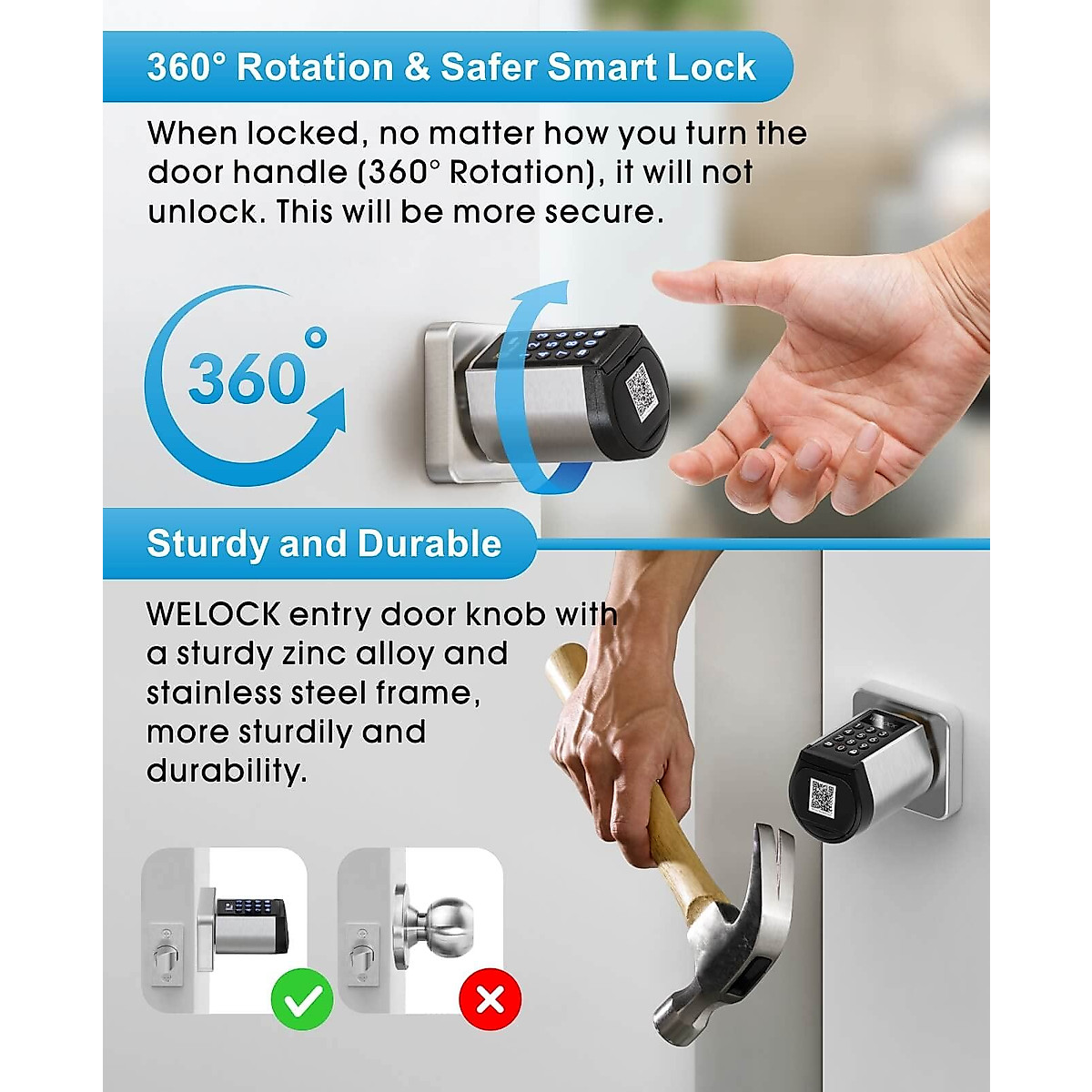 WELOCK Safer Keyless Entry Door Lock Deadbolt, Smart Bluetooth Locks Deadbolt Digital Electric Door Lock with Keypad APP Control IC Card Mechanical Key, Easy to Install