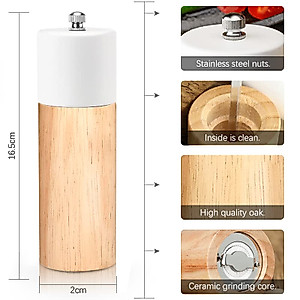 Salt and Pepper Grinder Set | Wooden Salt Grinder Shakers with Adjustable Ceramic Core | Manual Salt and Pepper Mill Refillable for Spice/Sea Salt/Chili/Peppercorn | Pack of 2 (White + Black)