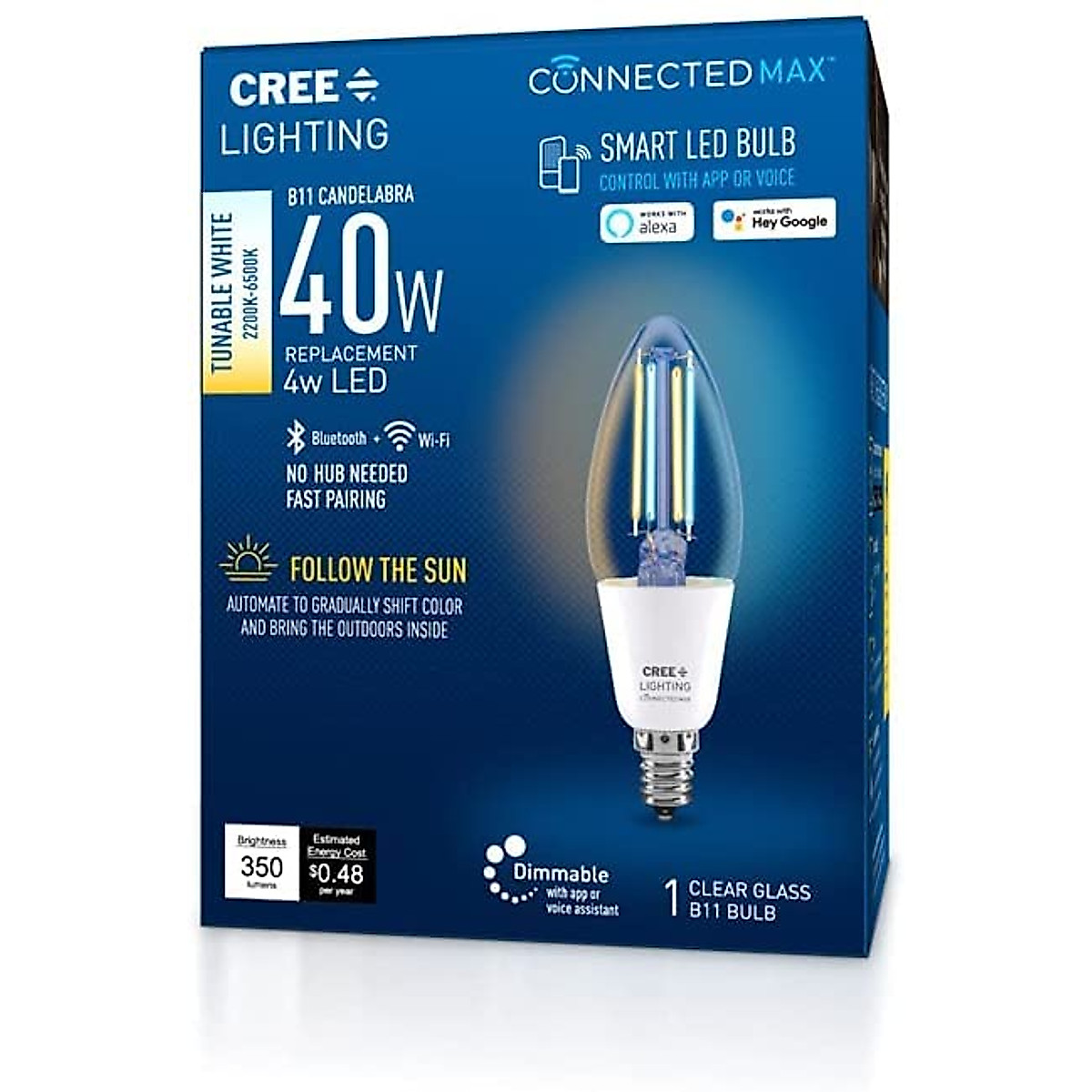 Cree Connected Max Smart Led Vintage Glass Filament Bulb B11 Candelabra 40W Tunable White, 2.4 Ghz, Works with Alexa and Google Home, No Hub Required, Bluetooth + WiFi, 1Pk (Cmb11-40W-Al-9Tw-Gl)