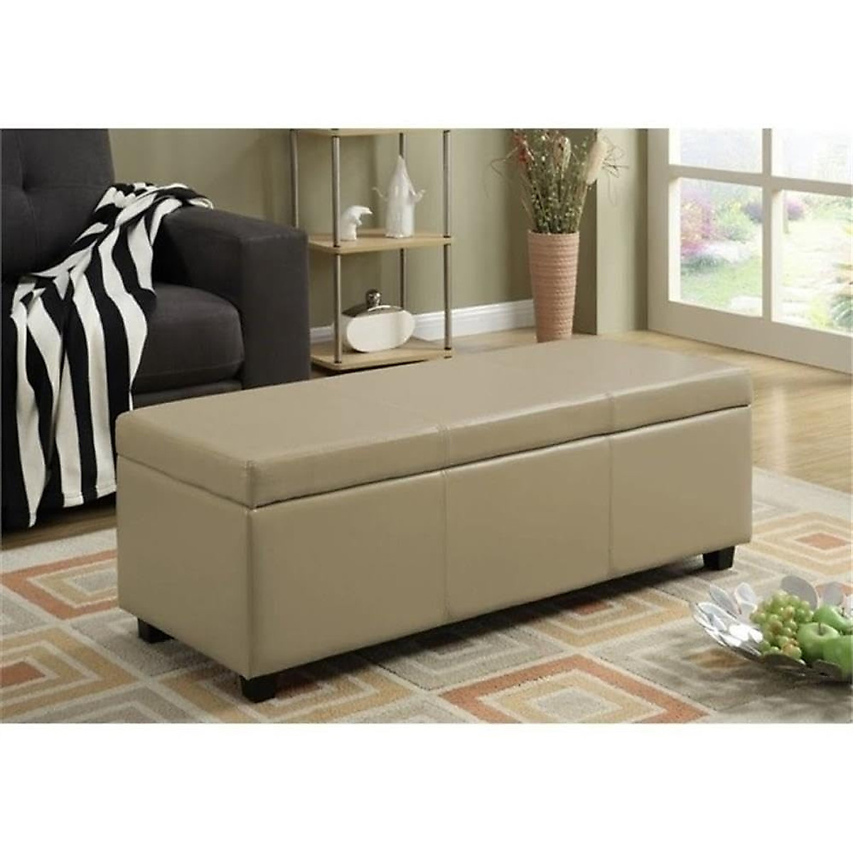 SIMPLIHOME Avalon 48 inch Wide Contemporary Rectangle Storage Ottoman Bench in Satin Cream Vegan Faux Leather, Assembled, for the Living Room, Entryway and Family Room