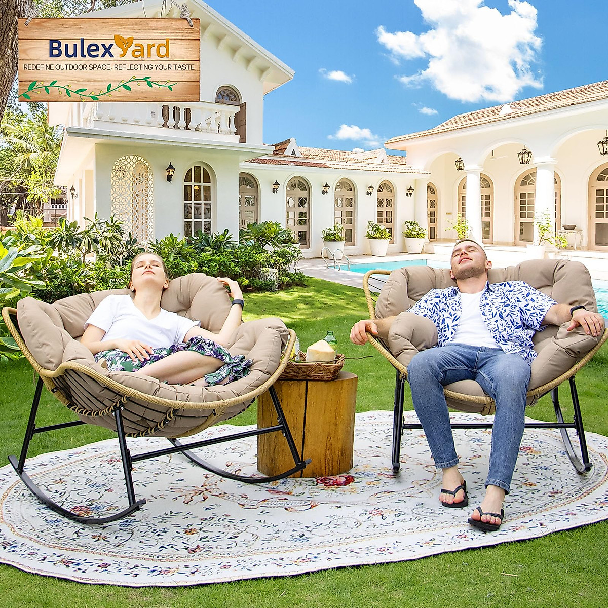 BULEXYARD Outdoor Papasan Rocking Chair with Padded Cushion, Oversized PE Rattan Comfy Royal Rocking Chair Indoor, Modern Comfy Patio Egg Mamasan Rocker Lounge Chair (2 Pcs, Brown)