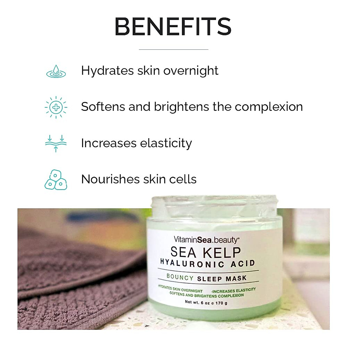 VITAMINS AND SEA BEAUTY, Hydrating Moisturizing Night Face Mask, Anti-Aging Overnight Facial with Hyaluronic Acid and Sea Kelp Seaweed, Skincare for All Skin Types, 6 Fl Oz